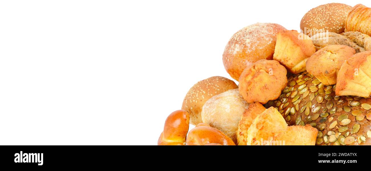 Breads and bakery products isolated on white background . Wide photo ...