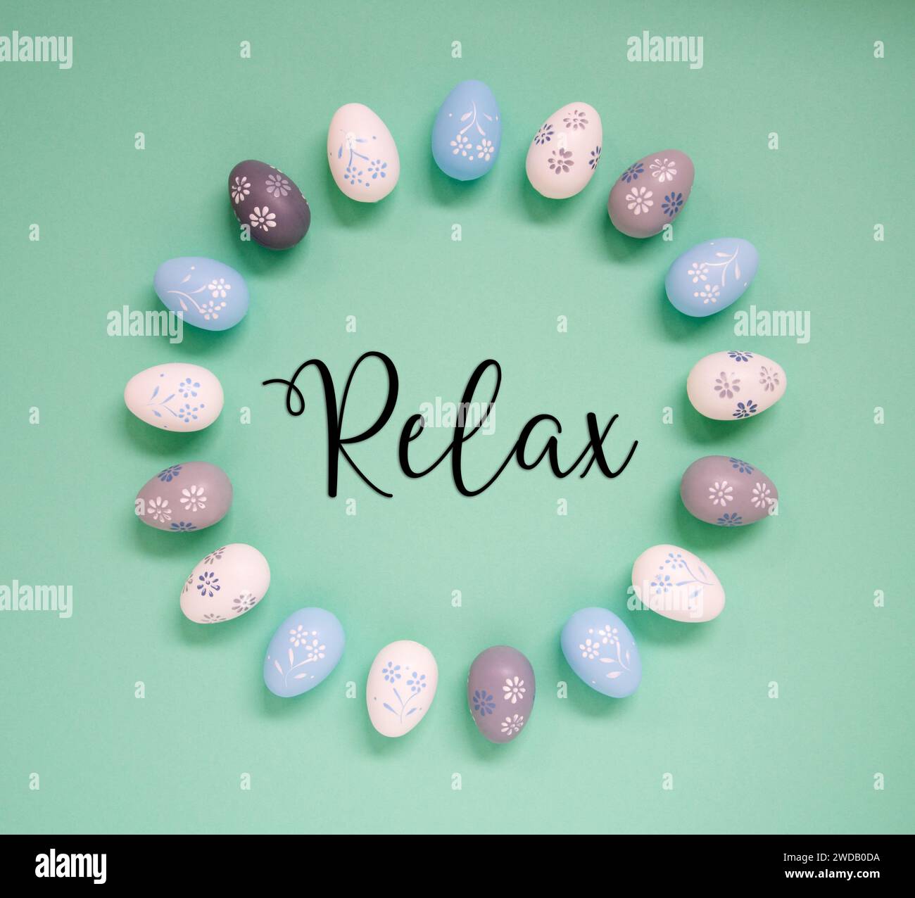 Flat Lay With English Text Relax. Easter Egg Arrangement, Decoration ...