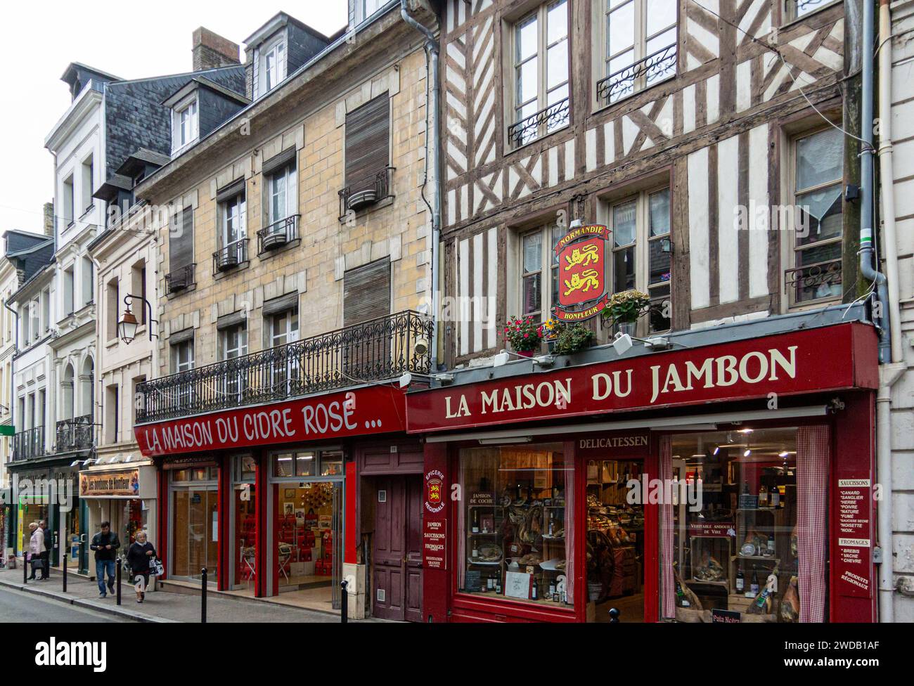 Shop facades in the ancient town of Honfleur, Normandy, France Stock ...