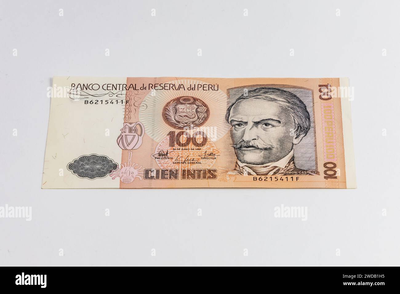 Old Peru banknote of 100 Cien Intis from 1987 year with image of Ramon ...