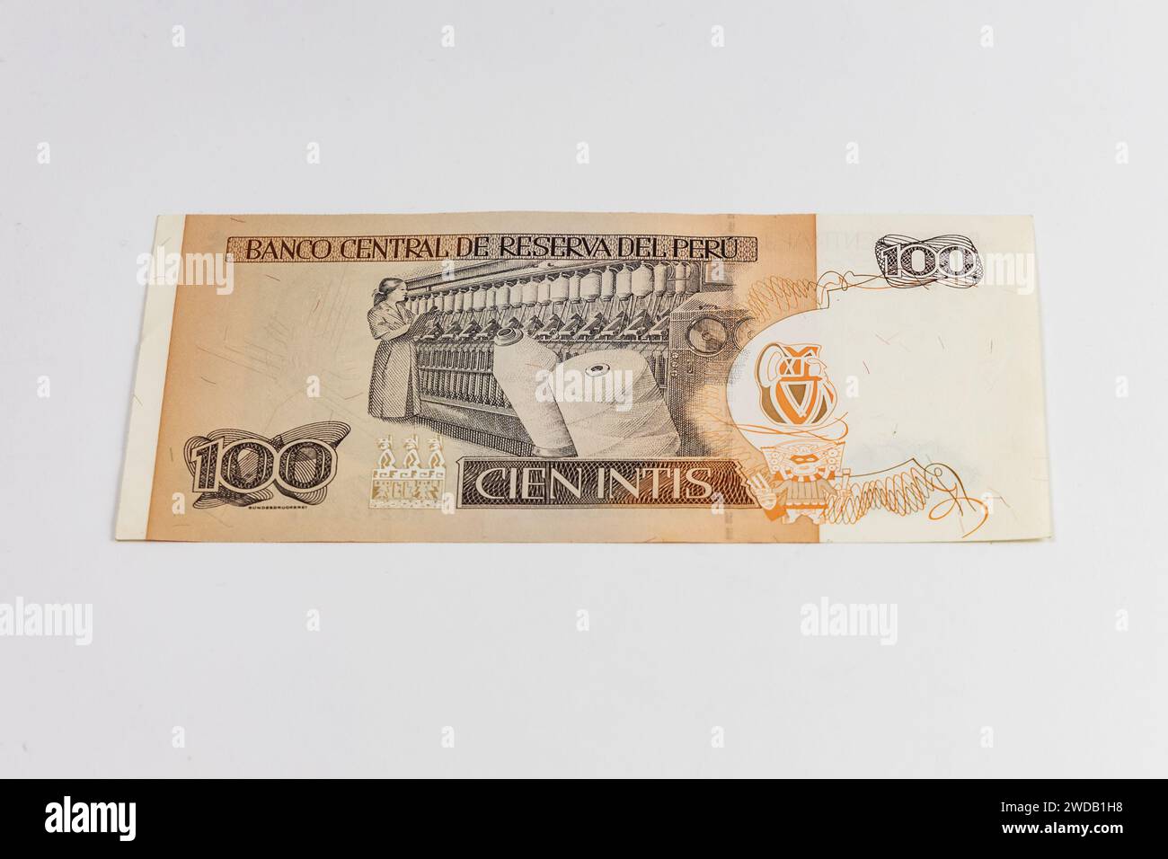 Old Peru banknote of 100 Cien Intis from 1987 year with image of Ramon ...