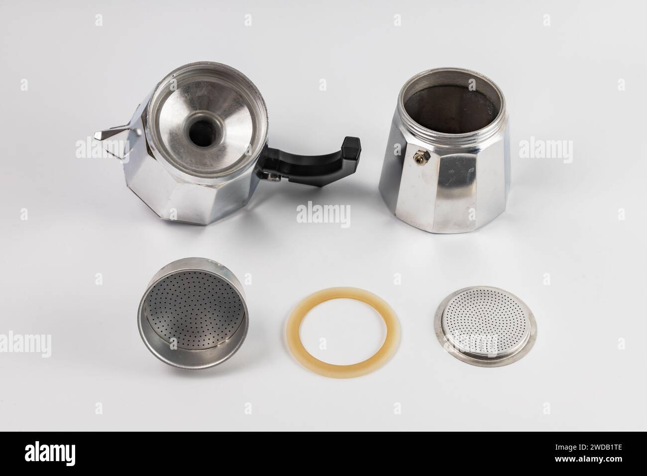 Classic aluminium metallic coffee pot with some parts Stock Photo - Alamy