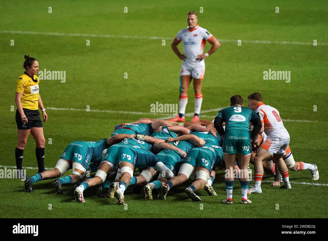 A general view of players in a scrum during the EPCR Challenge Cup ...