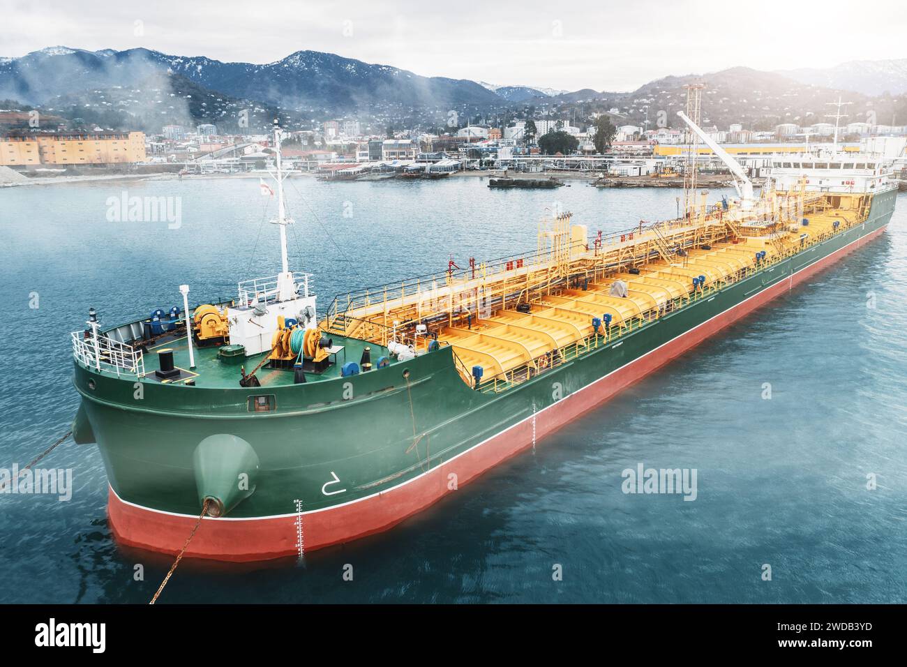 Oil tanker with LPG or chemical cargo in sea port terminal, aerial view ...