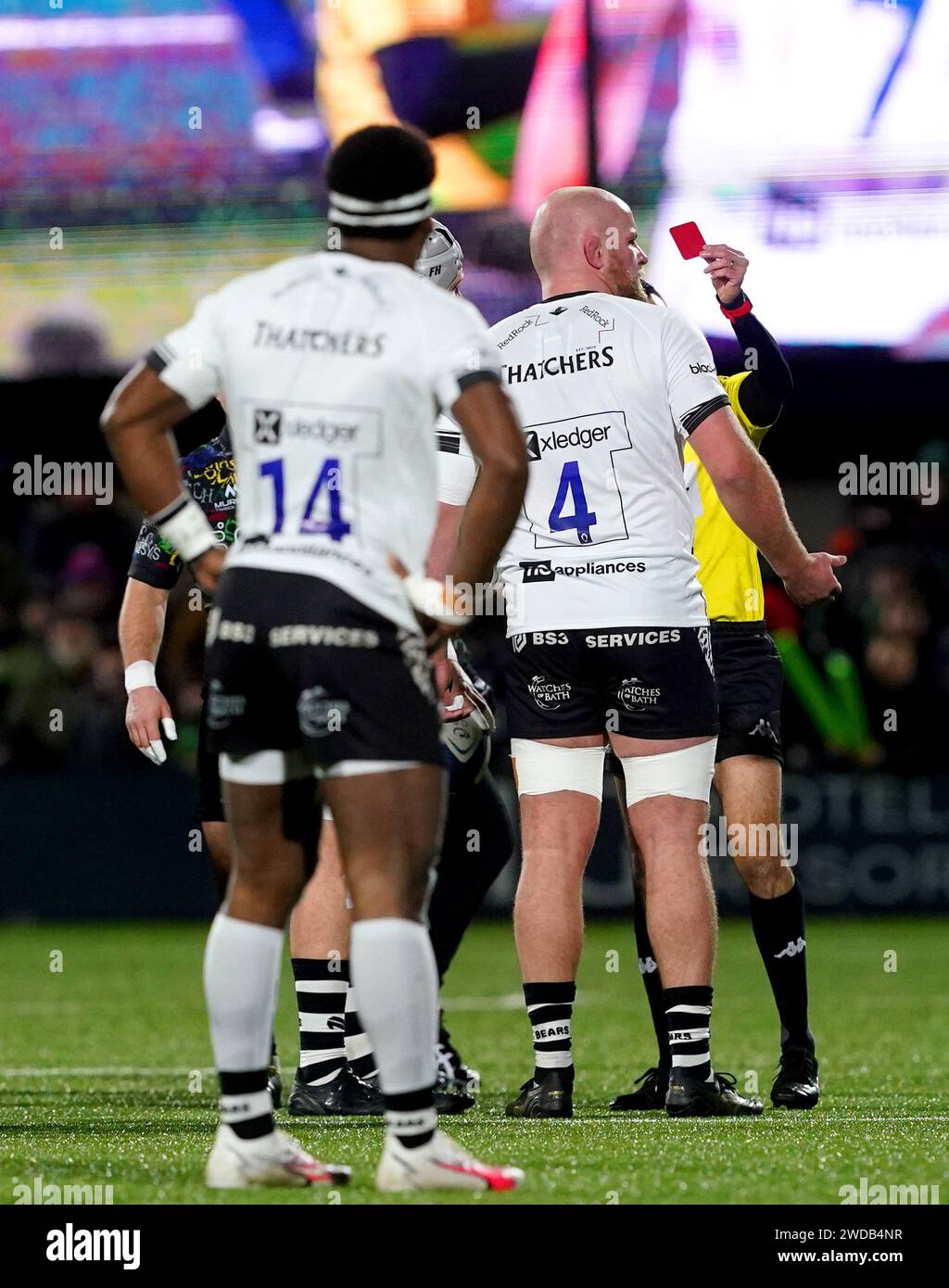 Bristol Bears' Josh Caulfield is shown a red card following an incident ...