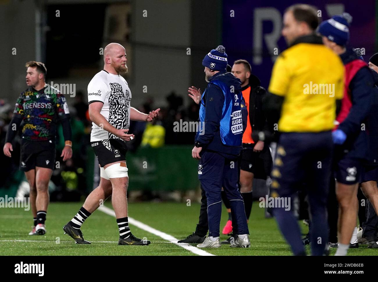 Bristol Bears' Josh Caulfield leaves the pitch after being shown a red ...