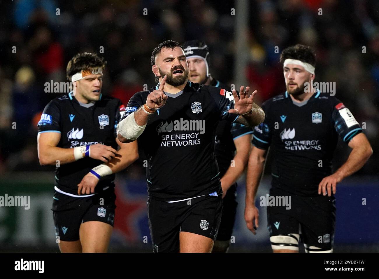 Glasgow Warriors' Jamie Bhatti (centre) signals to the bench during the ...