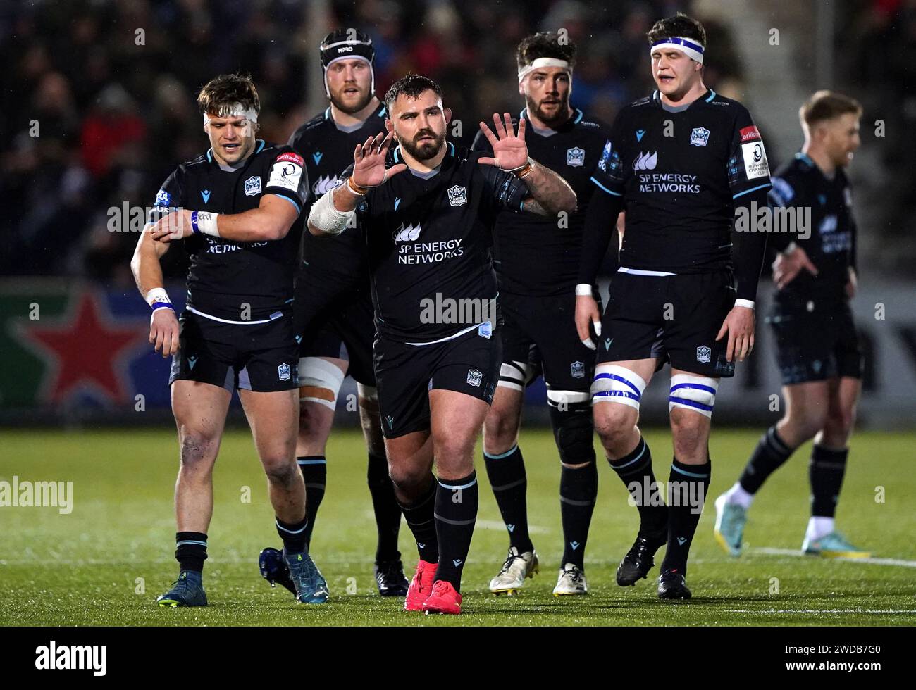 Glasgow Warriors' Jamie Bhatti (centre) signals to the bench during the ...