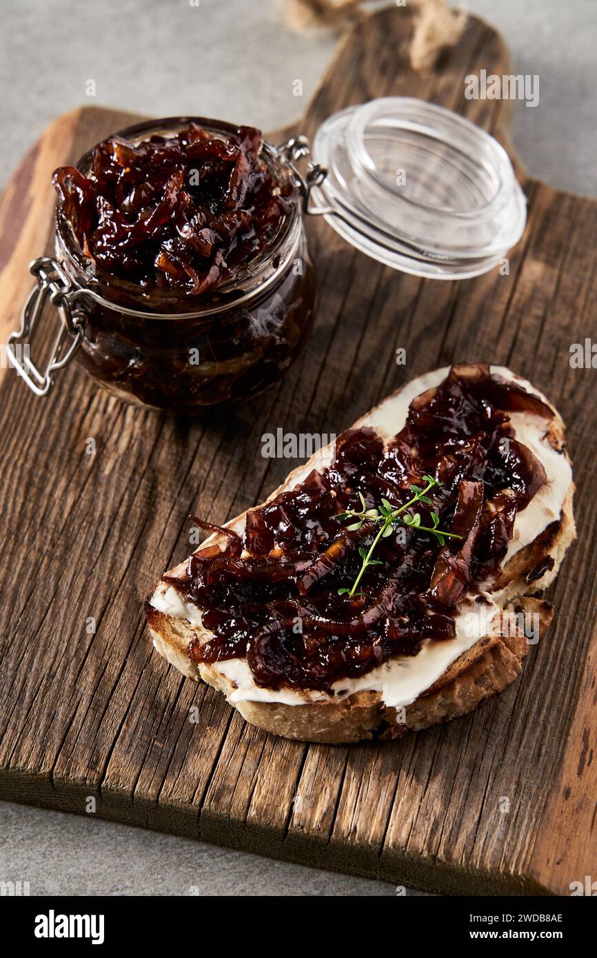 Delicious French Appetizer Freshly Cooked Onion Confit on toast with ...