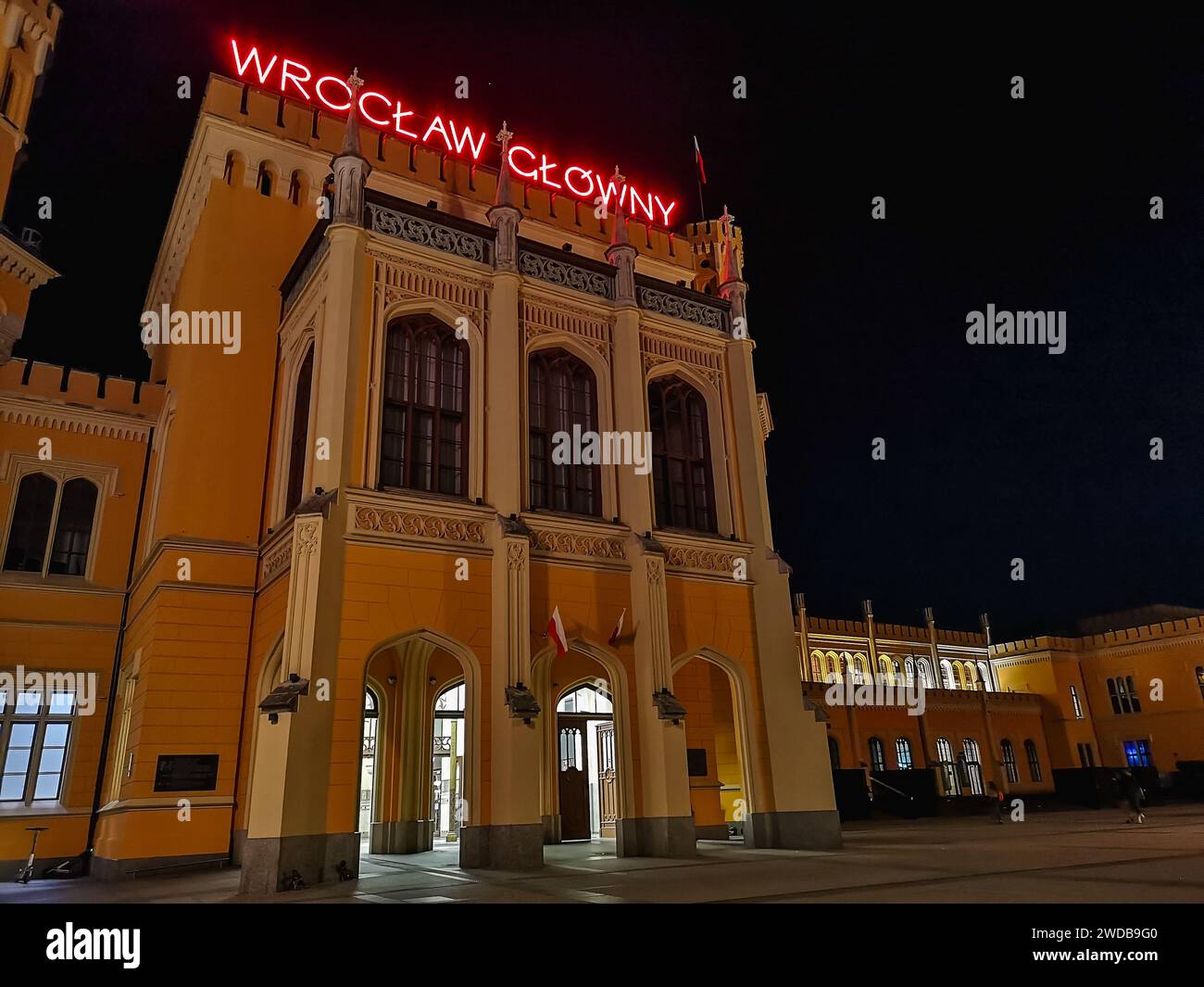 Wroclaw, Poland - September 5 2023: Beautiful night view to facade of main railway station in ...