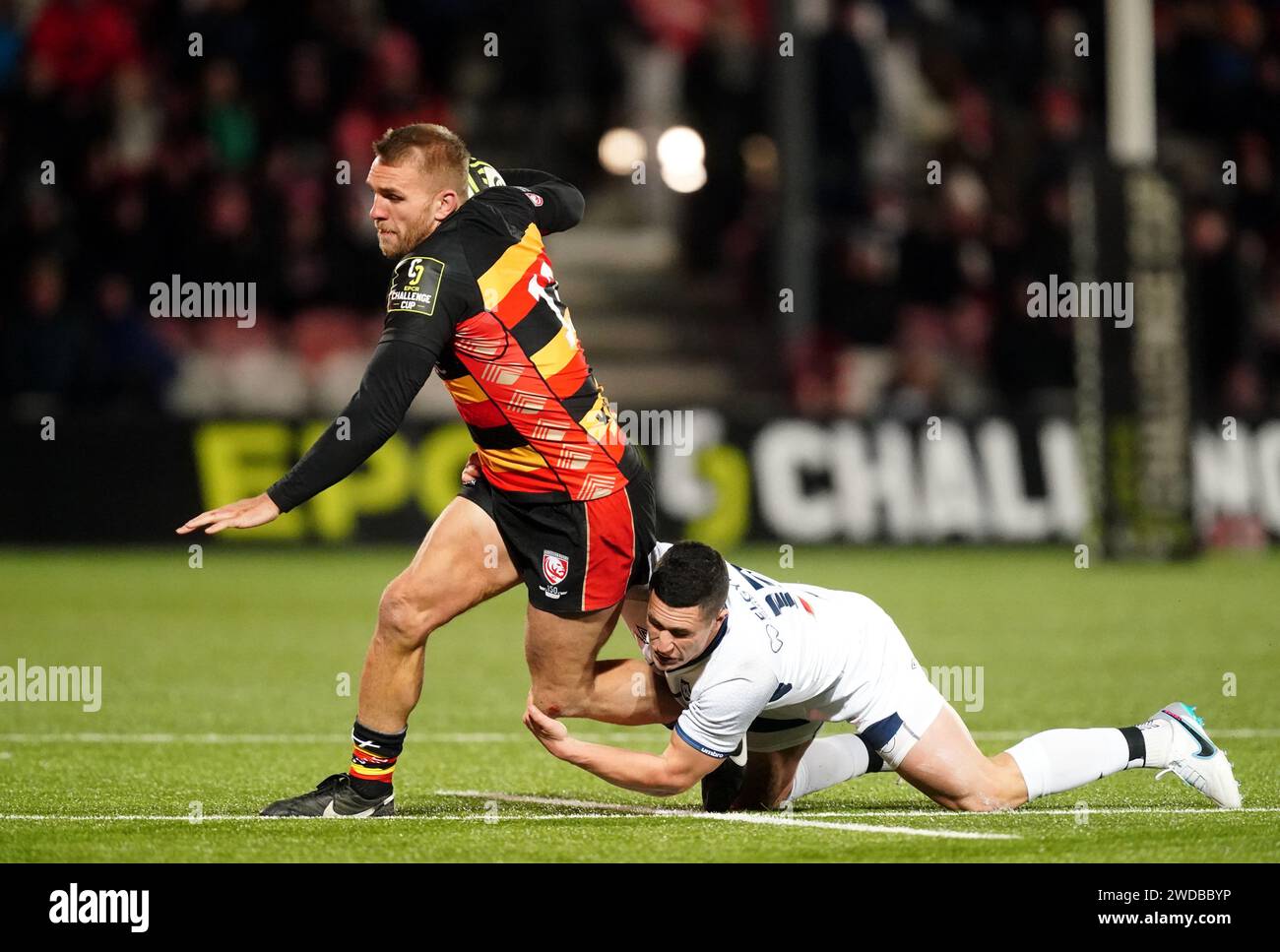 Gloucester's Chris Harris tackled by Castres Olympique's Adrien Seguret ...