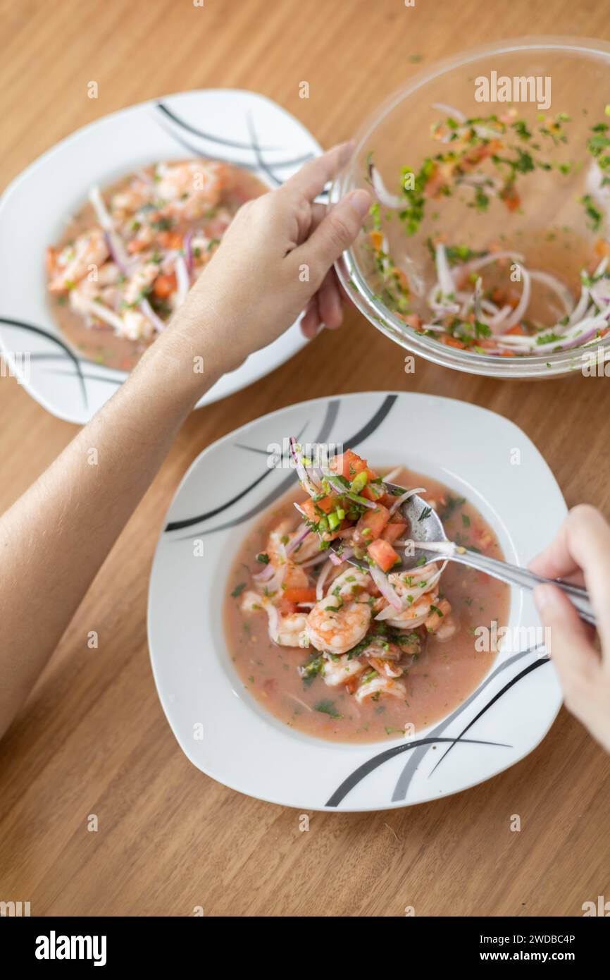 traditional food from Ecuador, detail of shrimp ceviche ingredients ...