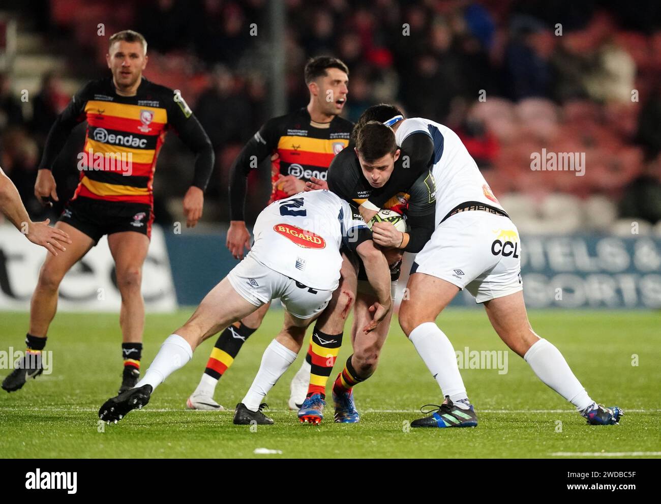Gloucester's Seb Atkinson tackled by Castres Olympique's Gaetan Barlot ...