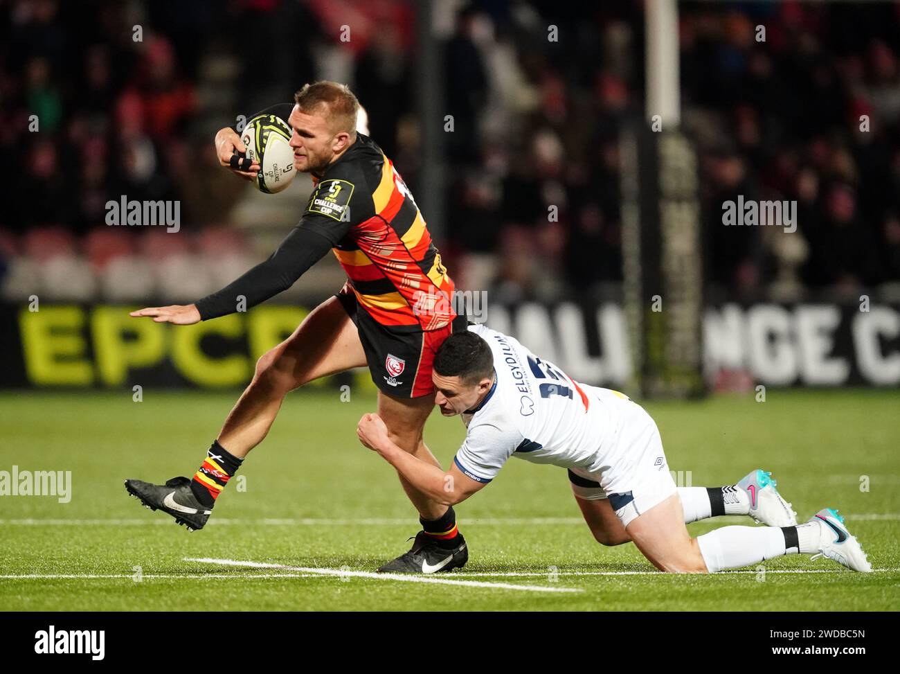 Gloucester's Chris Harris tackled by Castres Olympique's Adrien Seguret ...