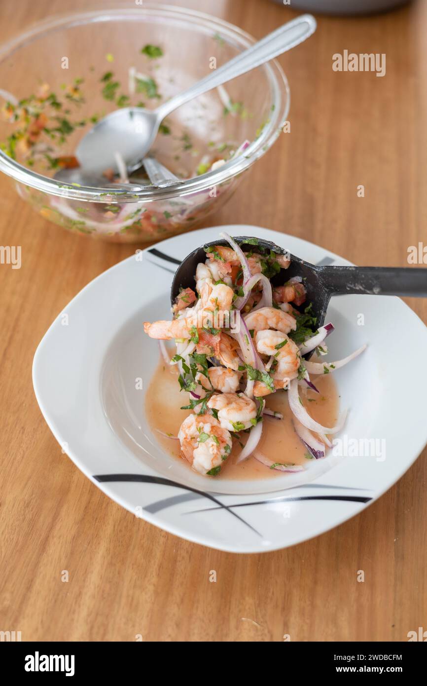 traditional Ecuadorian food with seafood, shrimp ceviche detail in ...