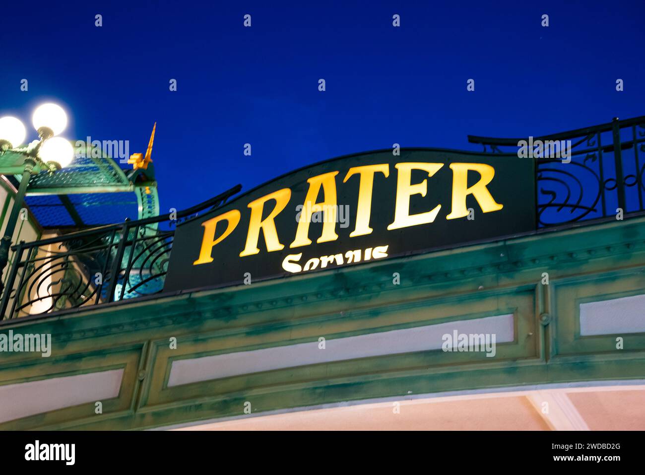 Vienna, Austria 01 October 2023 lit prater sign at the entrance to the ...