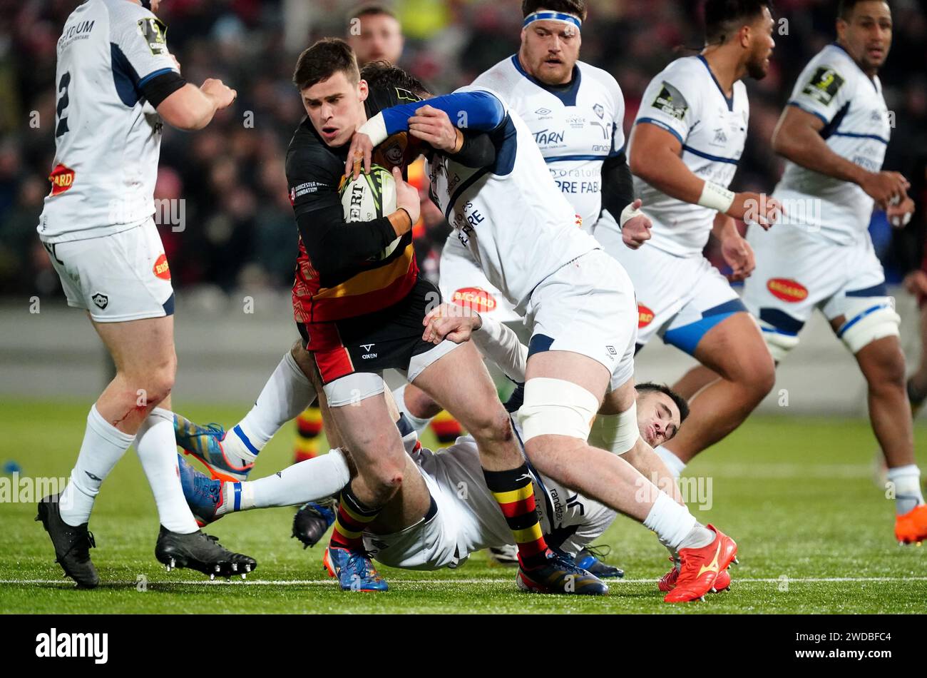 Gloucester's Seb Atkinson tackled by Castres Olympique's Geoffrey Palis ...