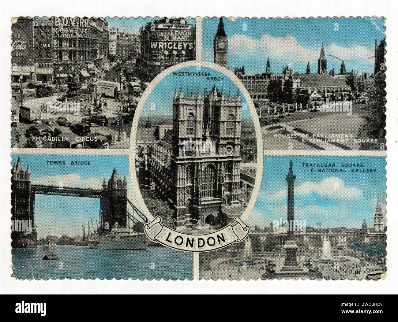 Selective-color postcard of London landmarks - hand-colored with cyan ...