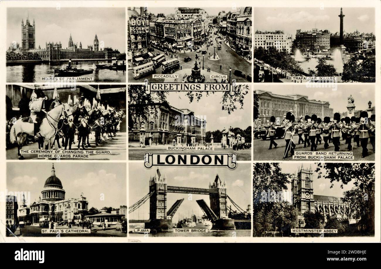 Black and white postcard of London scenes, postmarked 1954 Stock Photo ...