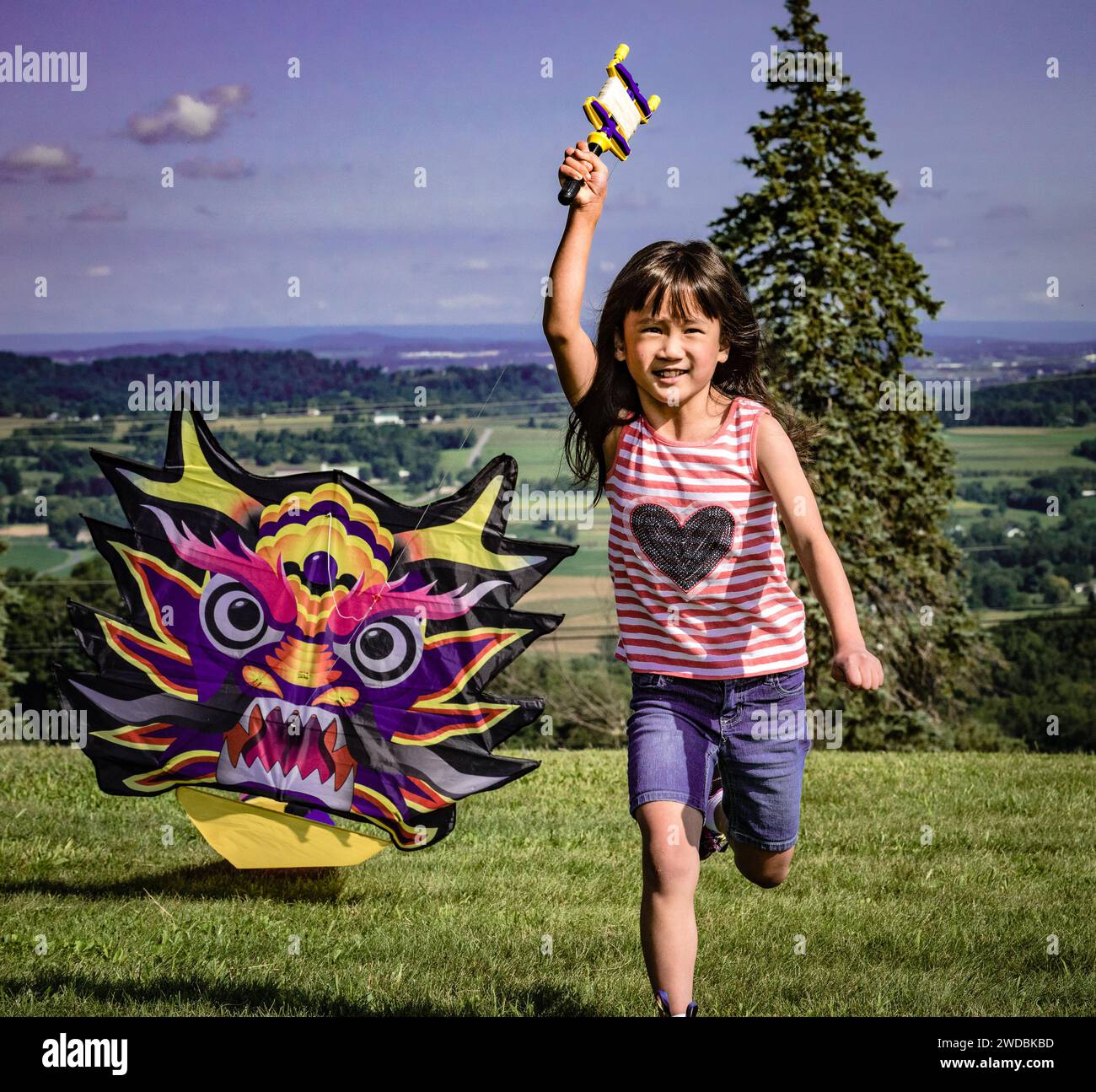 Young asian girl flying kite on a windy day on country hillside. Dragon ...