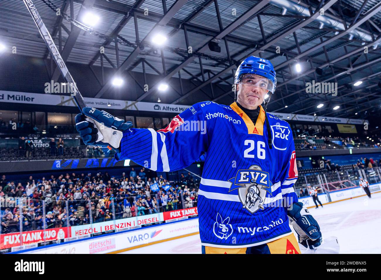 Reto Suri #26 (EV Zug) is celebrated individually by the fans after his ...