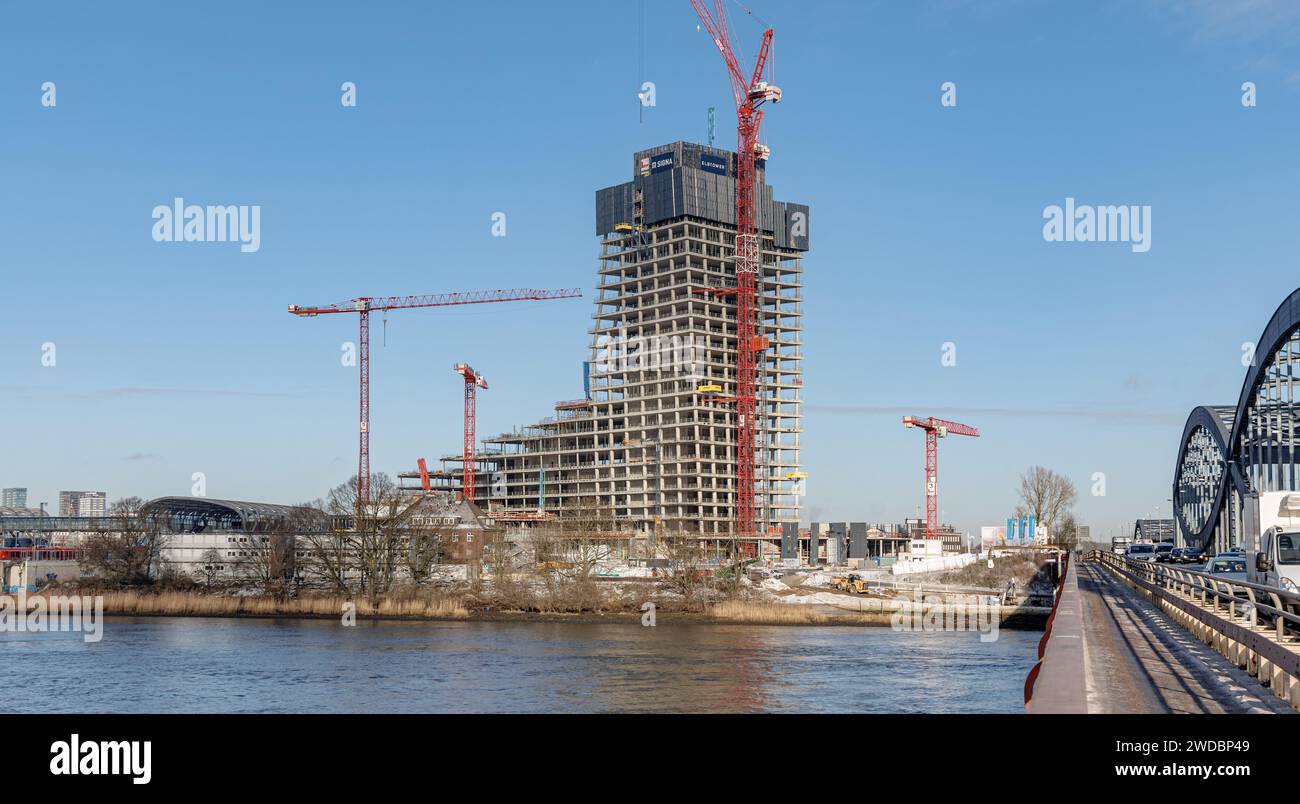 Hamburg, Germany. 18th Jan, 2024. View of the Elbtower construction ...