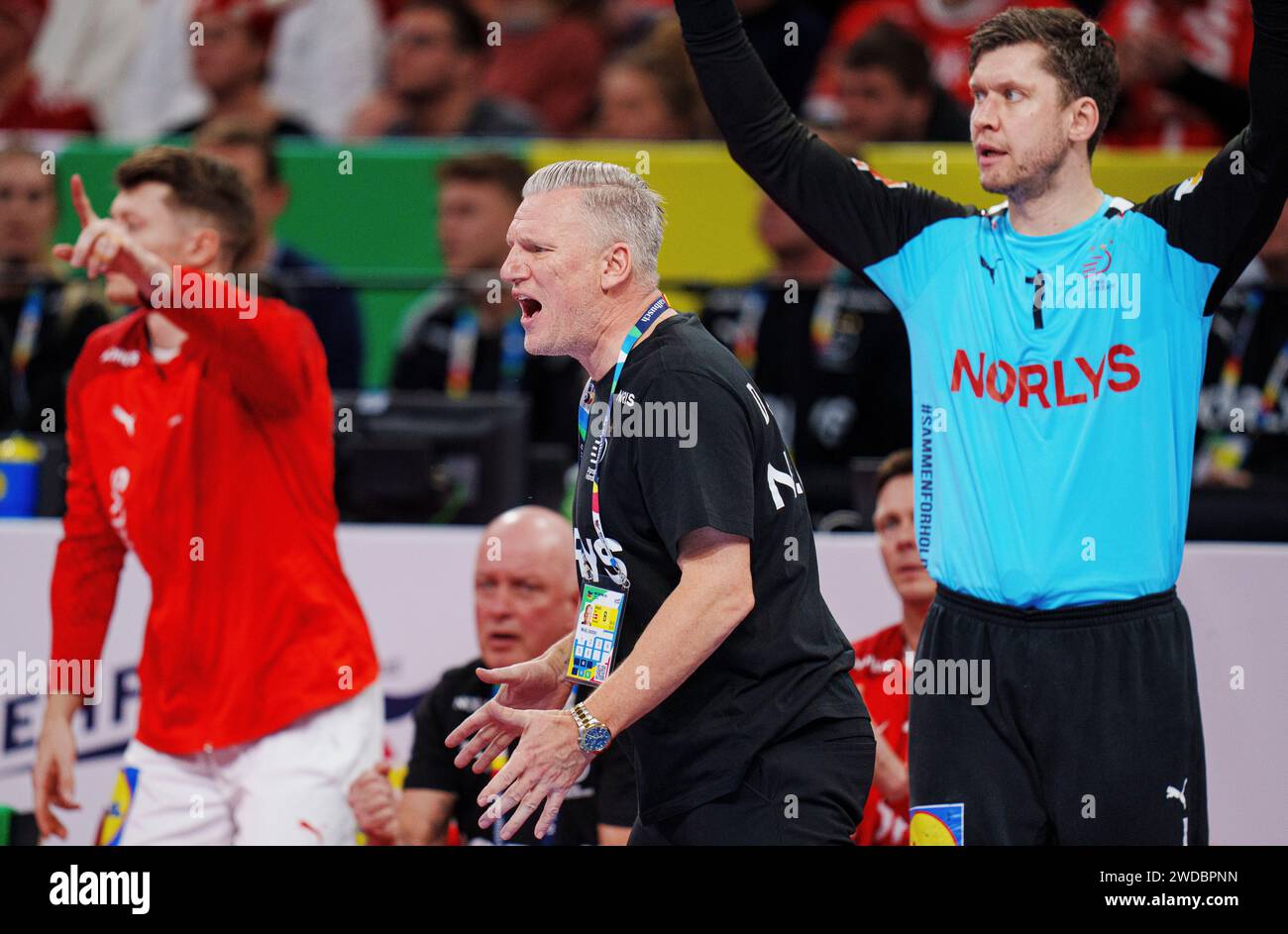 Danish coach Nikolaj Jacobsen and goalkeeper Niklas Landin (1) reacts ...