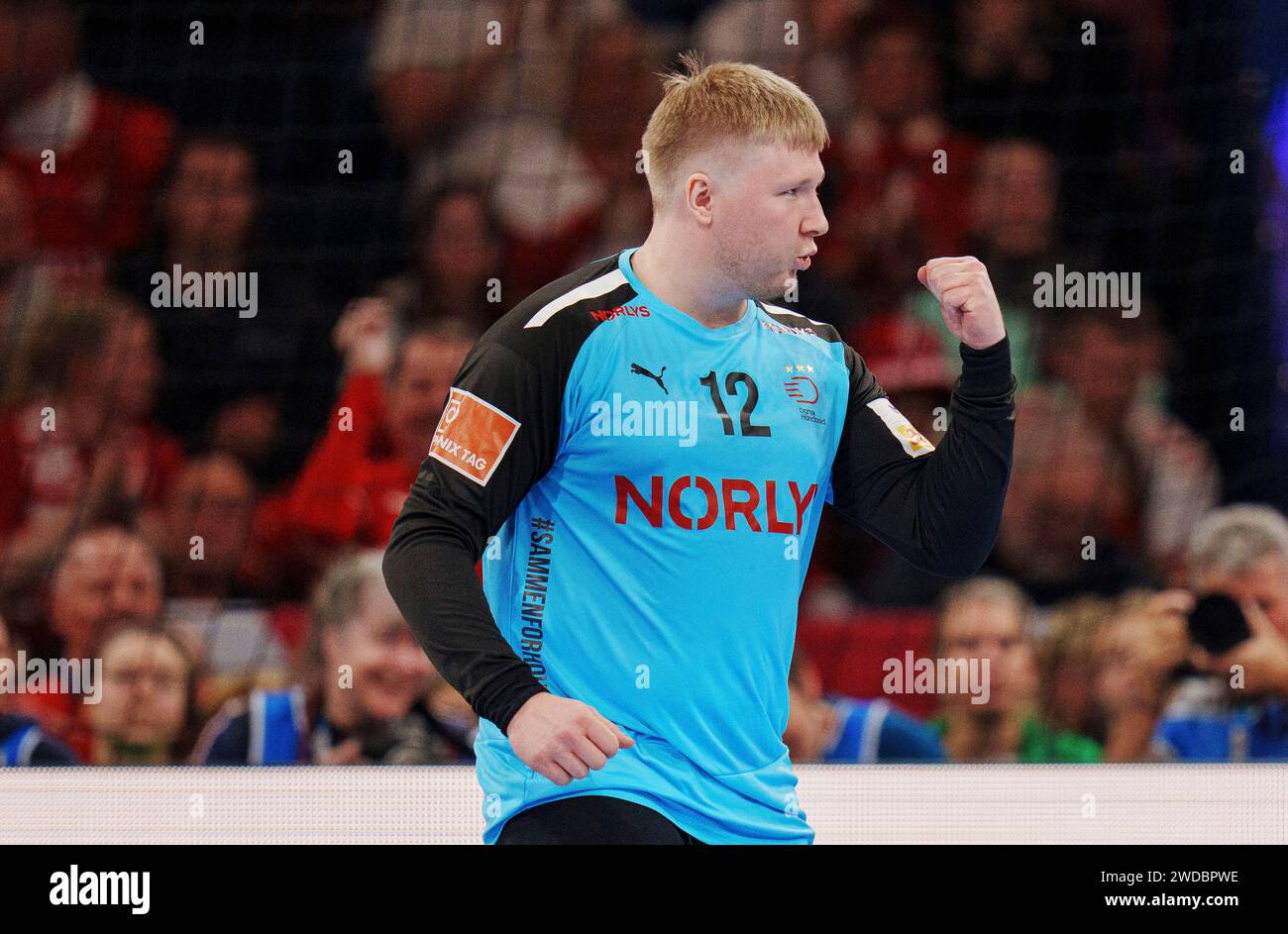 Danish goalkeeper Emil Nielsen (12) reacts during EHF European ...