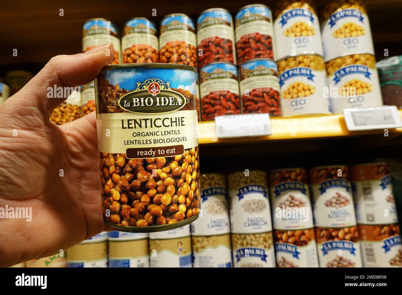 Bio label food cans Stock Photo - Alamy