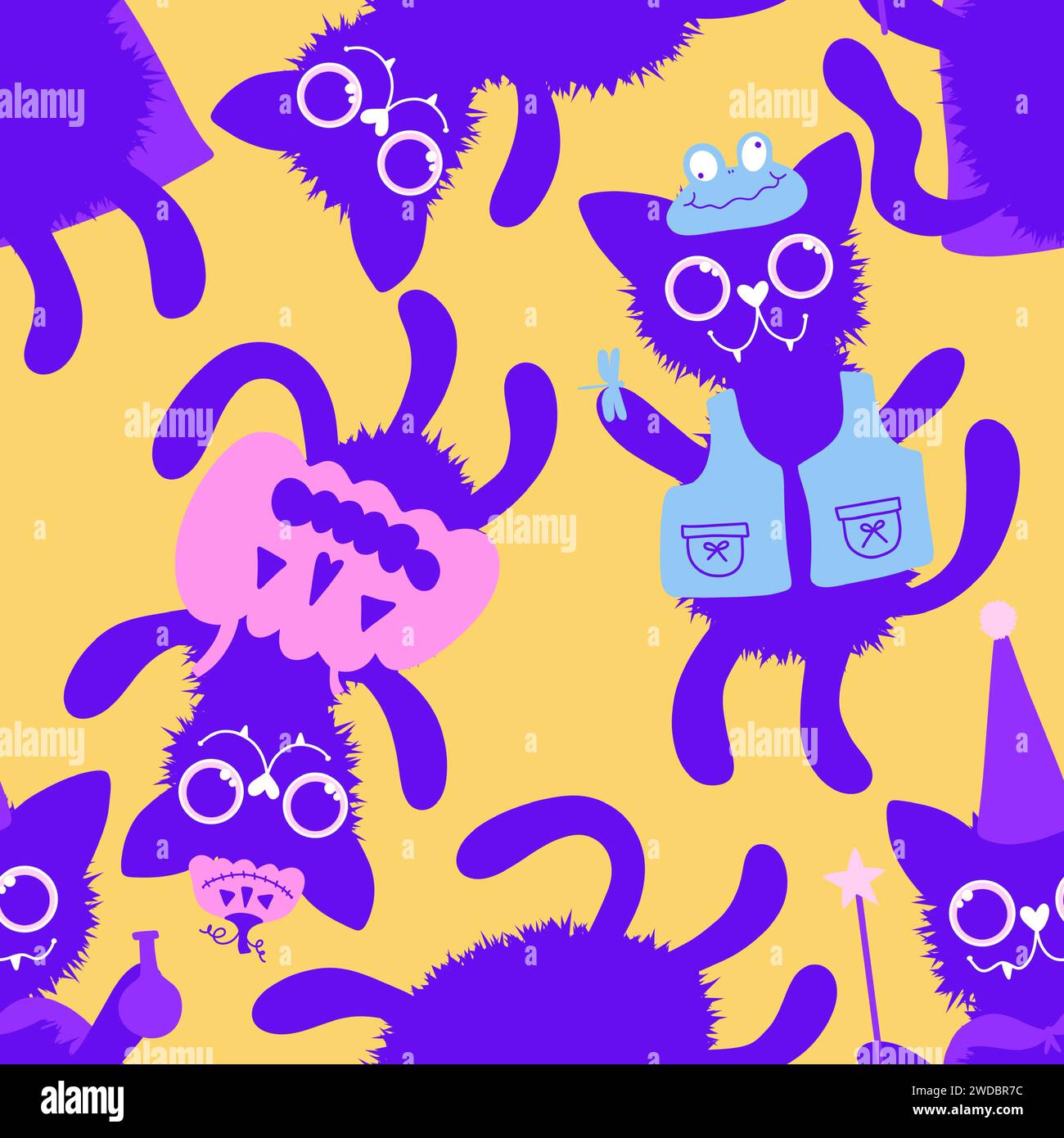 Halloween cats seamless cartoon animals carnival frogs and pumpkins and ...