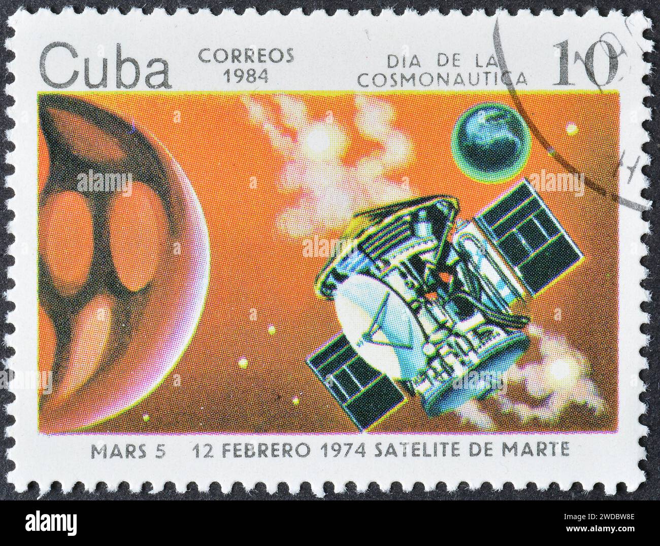 Cancelled postage stamp printed by Cuba, that shows Spacecraft "Mars-5 ...