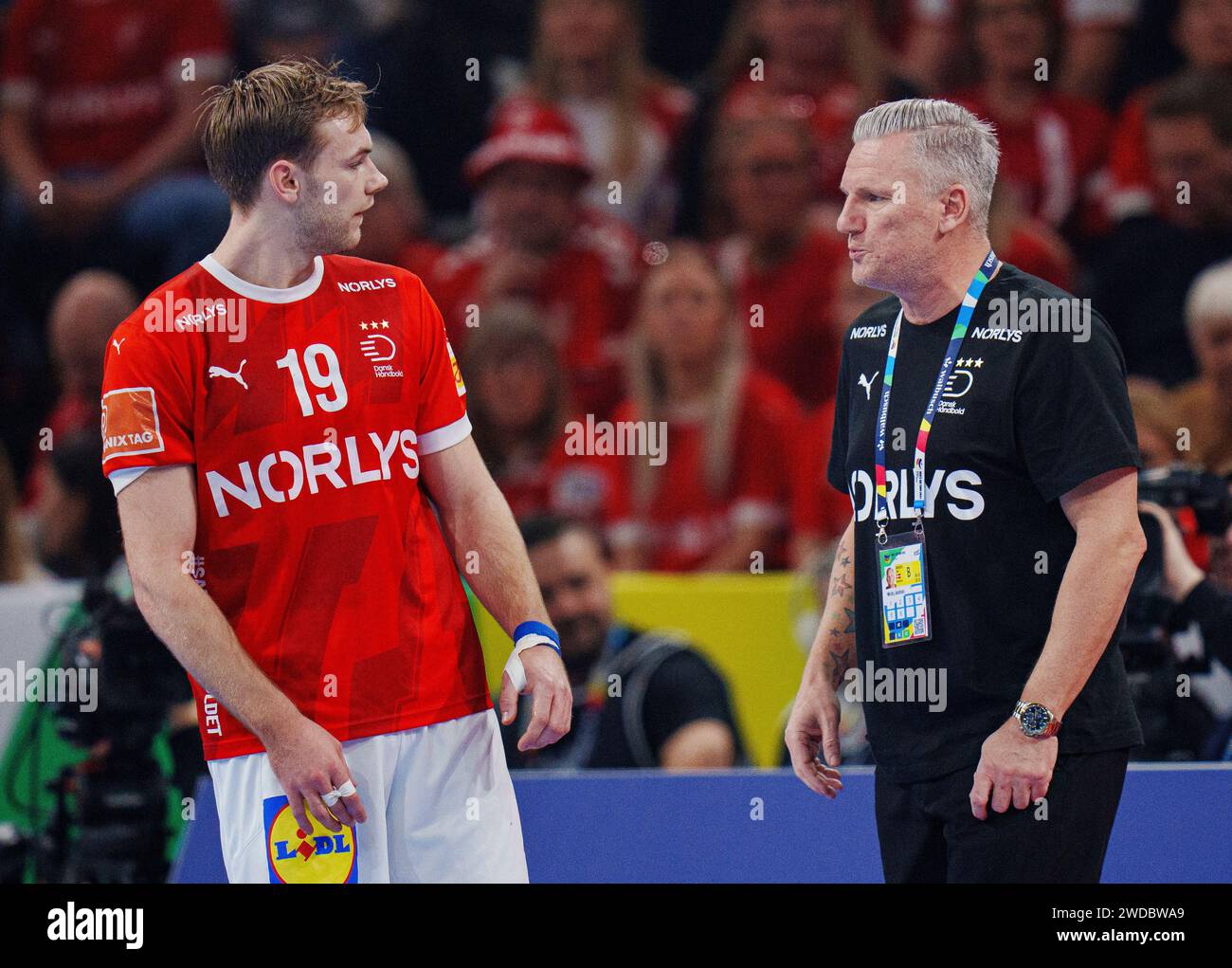 Mathias Gidsel, Denmark (19) and coach Nikolaj Jacobsen during the EHF ...