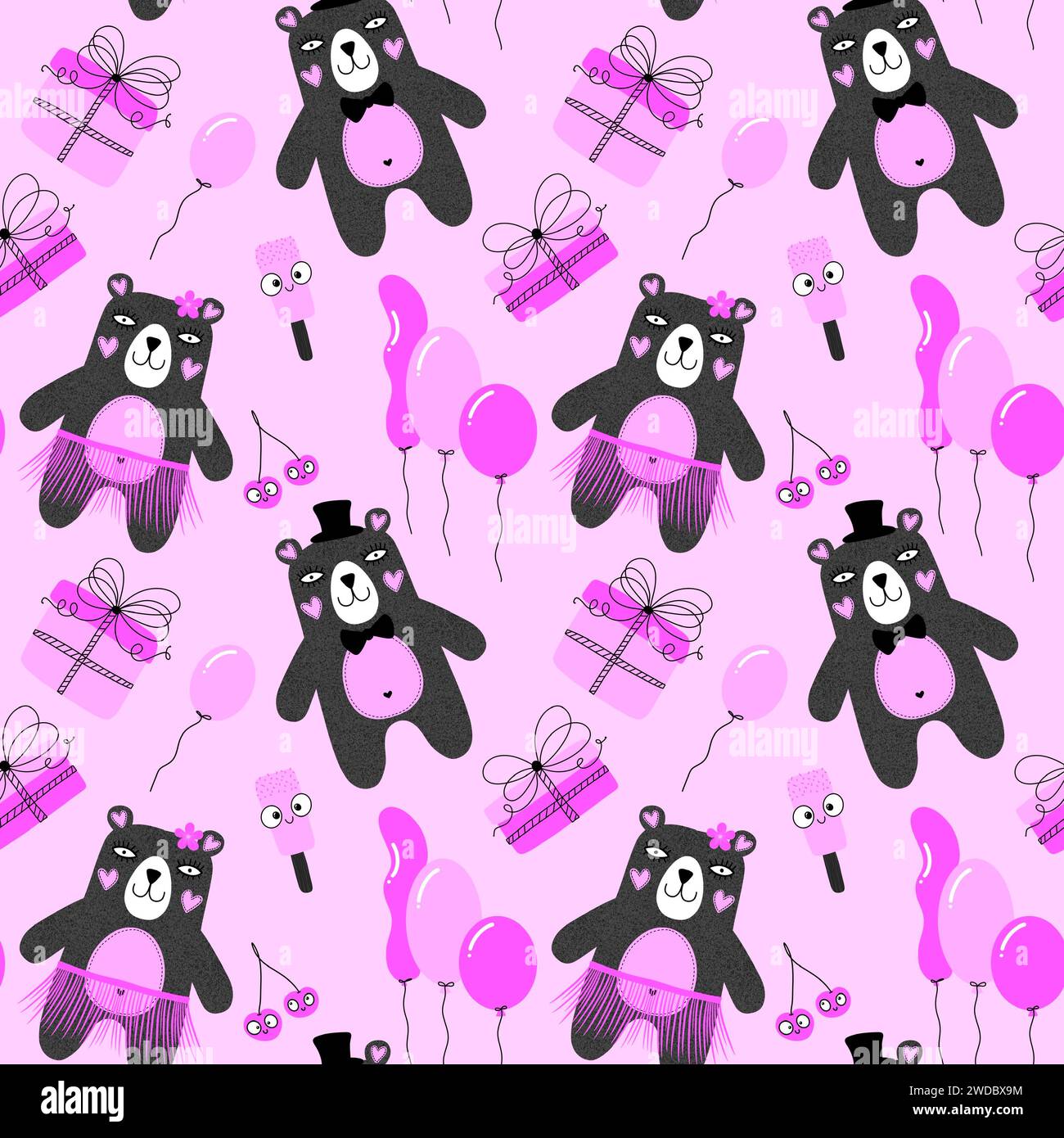 Birthday party cartoon animals seamless bears and balloons and gift ...