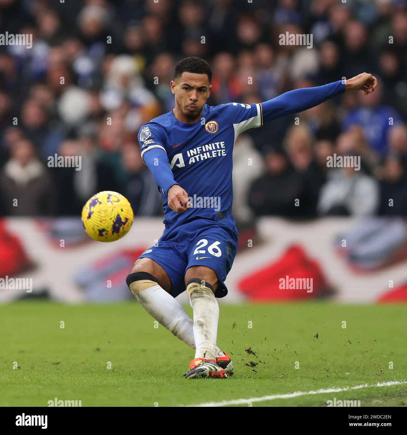 London, UK. 14th Jan, 2024. Levi Colwill of Chelsea in action during ...