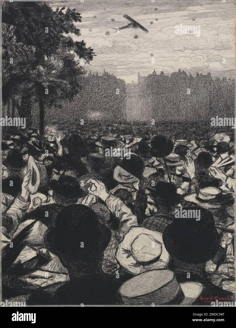 Gisbert Combaz - The crowd cheering an allied monoplane flying over ...