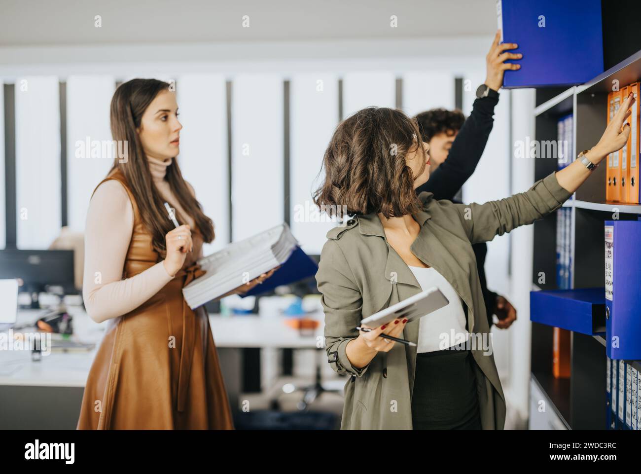 Focused female professionals organizing files in modern office ...