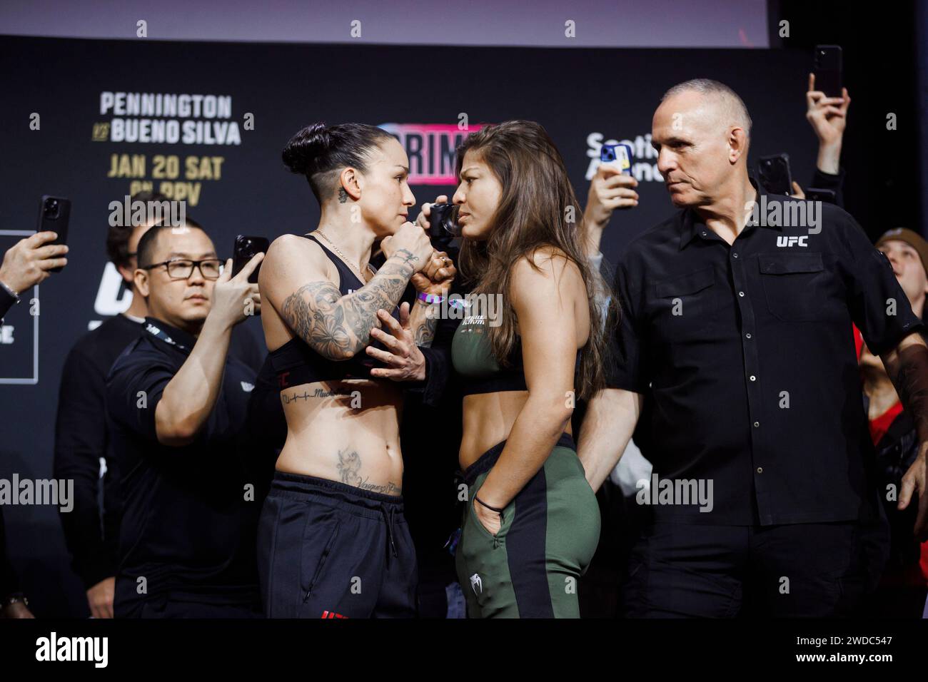 Raquel Pennington, left, and Mayra Bueno Silva face off during their ...