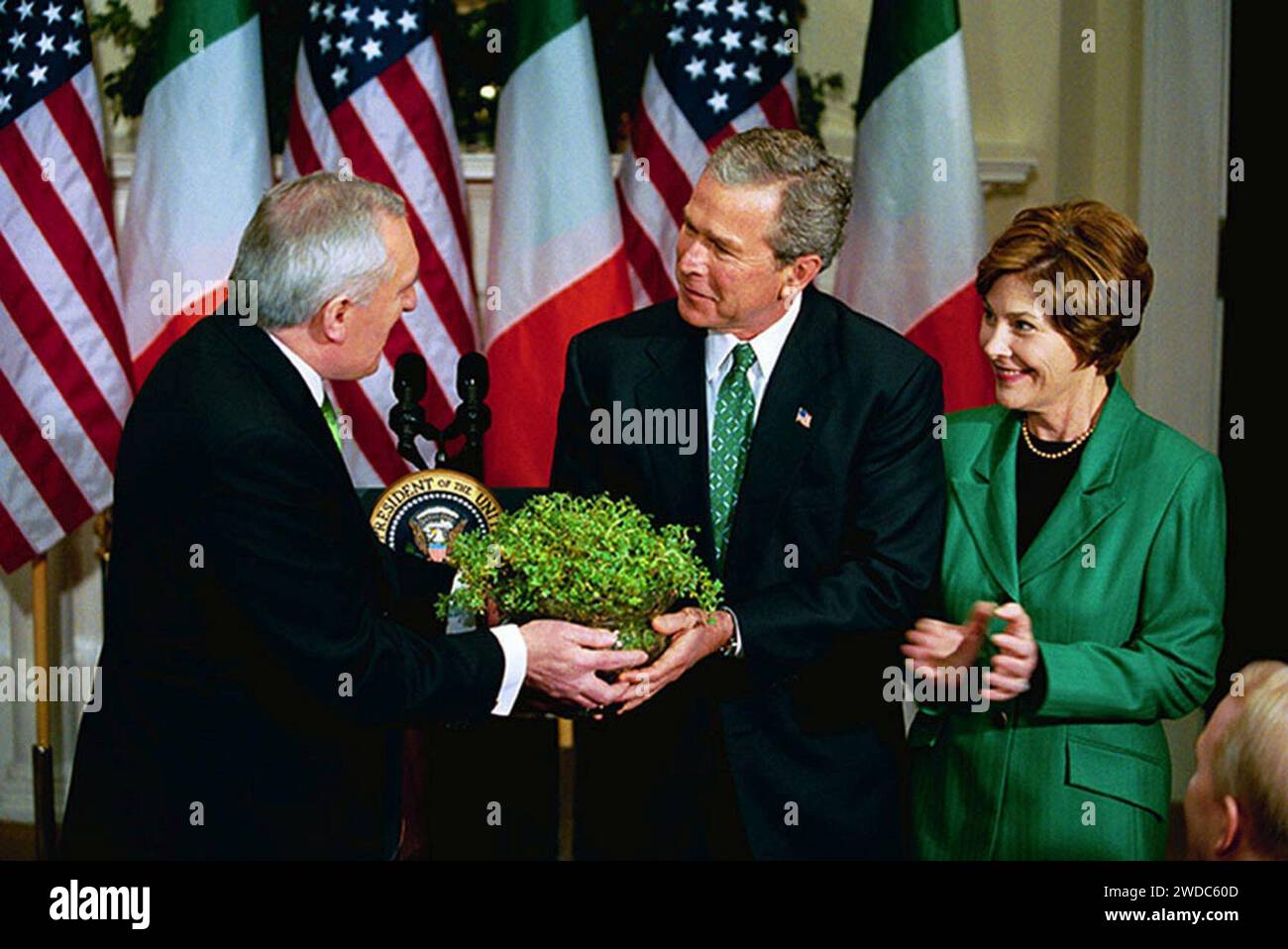 President George W. Bush and Mrs. Laura Bush Receive a Bowl of Shamrock ...