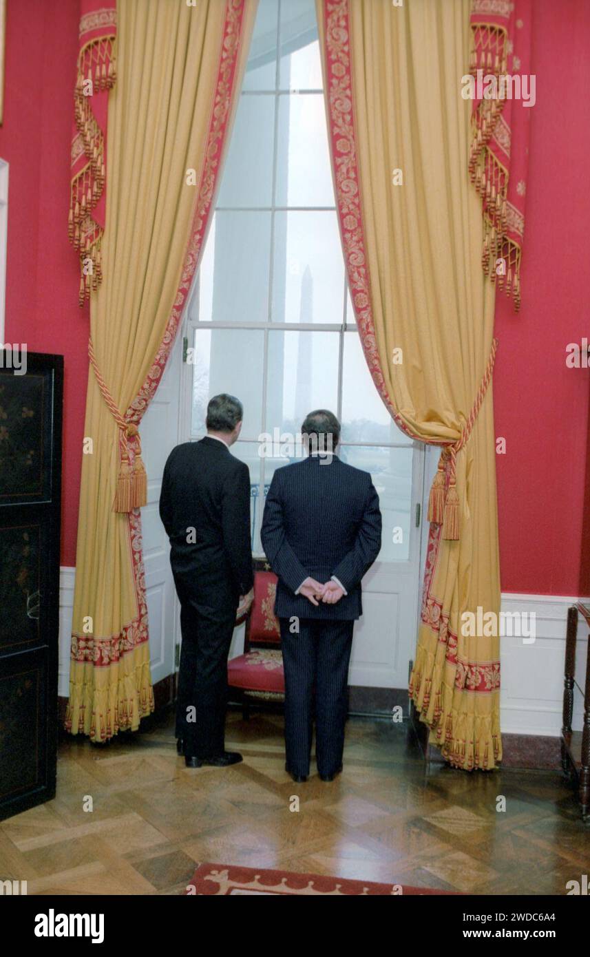 President Ronald Reagan looking out window in Red Room with Wilfried ...