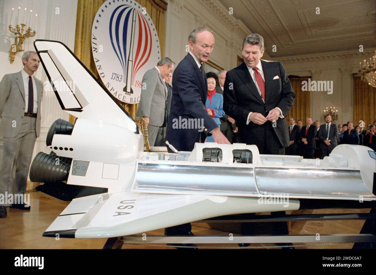 President Ronald Reagan participating in a ceremony commemorating the ...