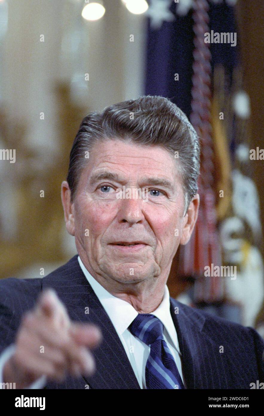 President Ronald Reagan speaking at the podium during a Press ...