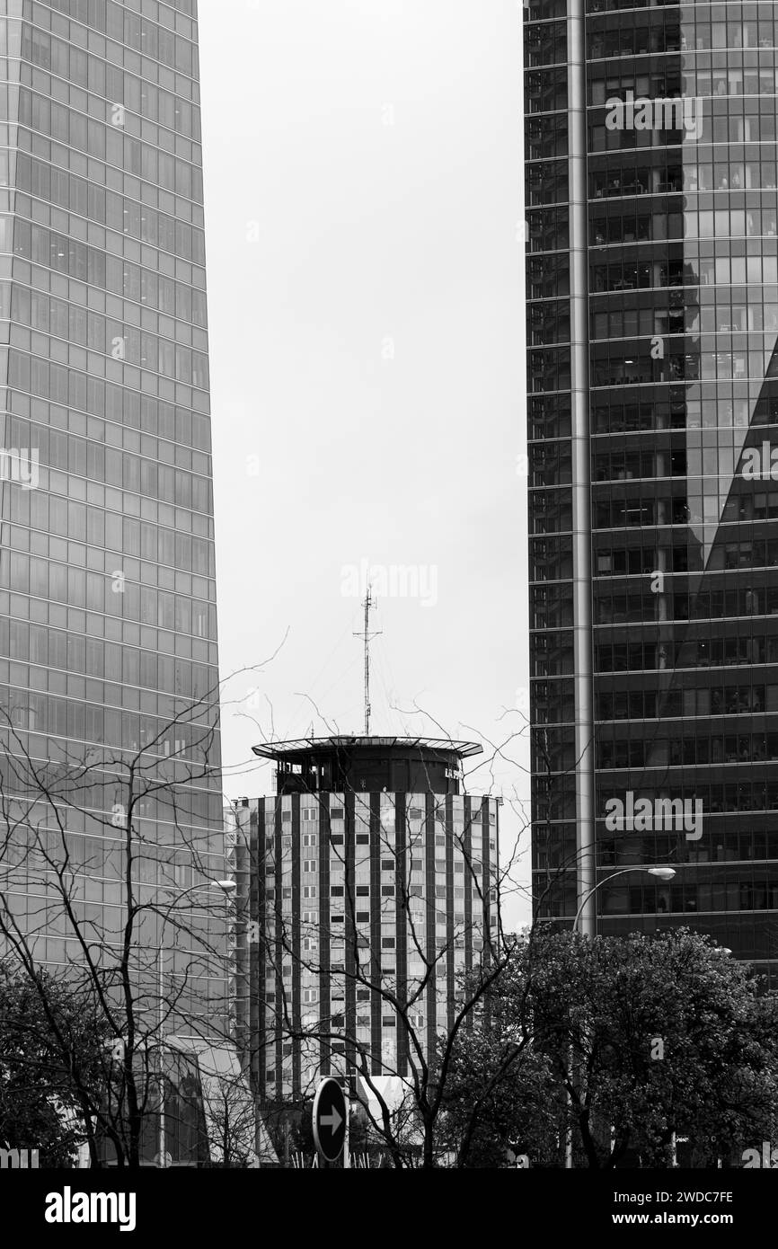 View of the La Paz public hospital between two office towers in the ...