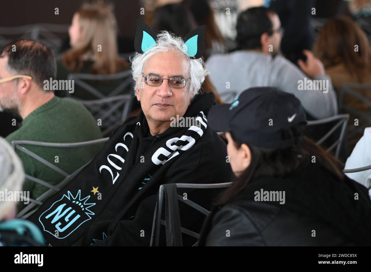 New York, USA. 19th Jan, 2024. Women's soccer fan Raj Dave attends an ...