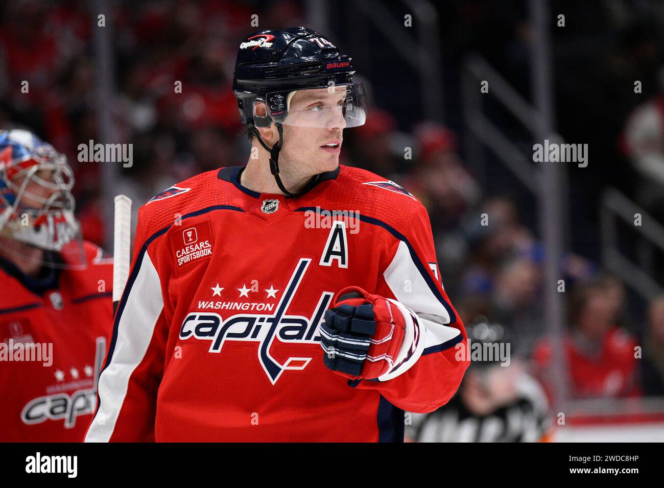 Washington Capitals defenseman John Carlson (74) looks on during the ...