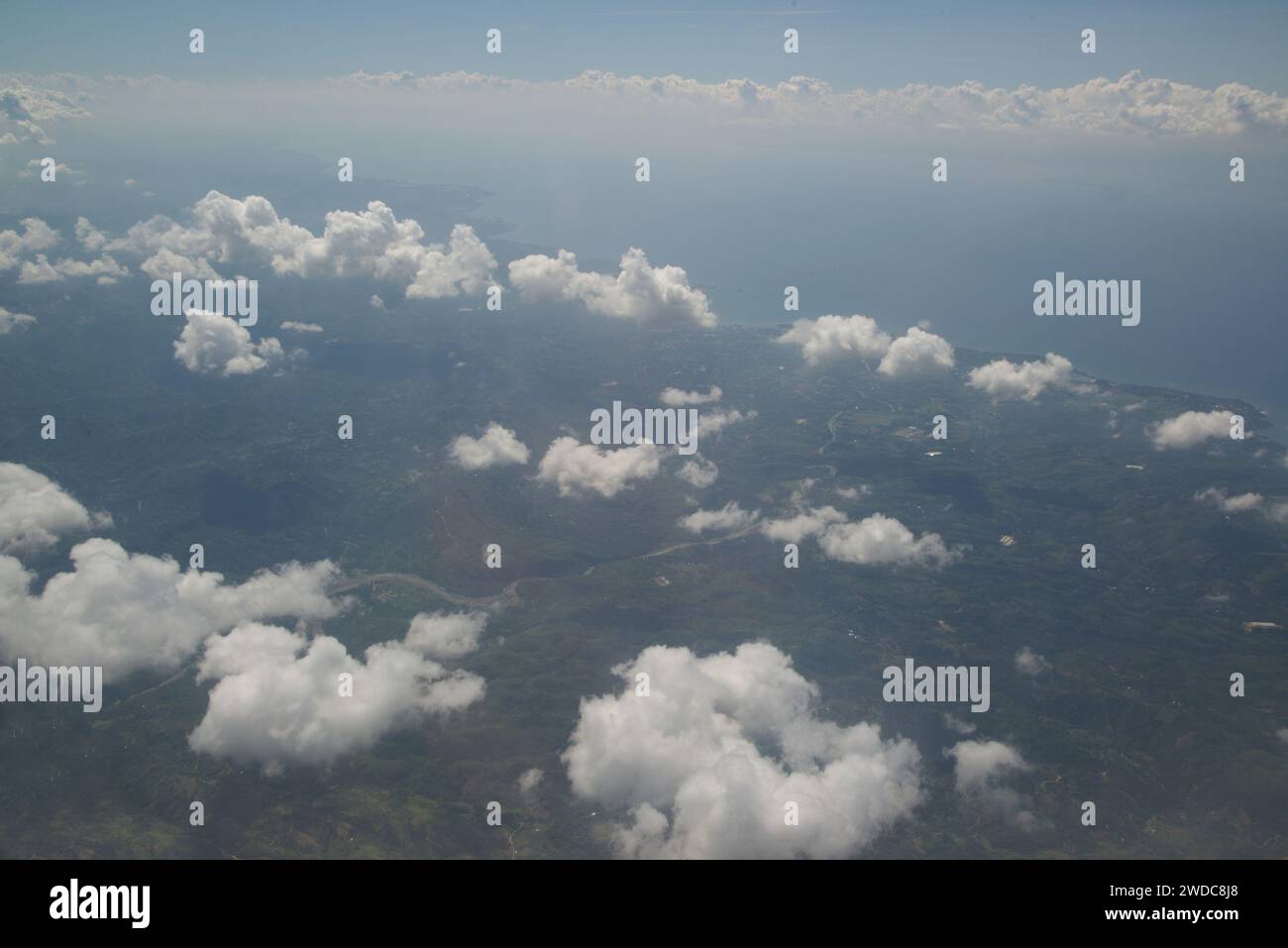 Nature background of sky view with clounds from above from airplane and ...