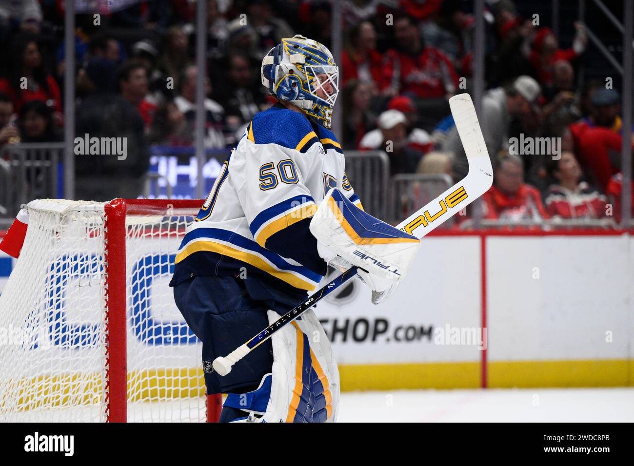 St. Louis Blues goaltender Jordan Binnington (50) looks on during the ...