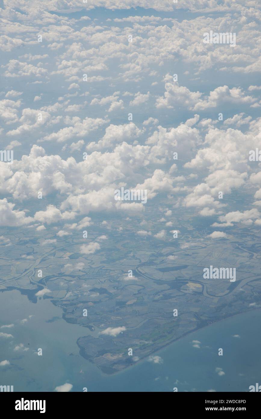 Nature background of sky view with clounds from above from airplane and ...