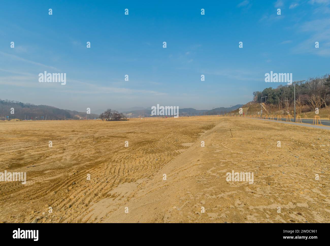Landscape of cleared construction site with small grove of trees in ...