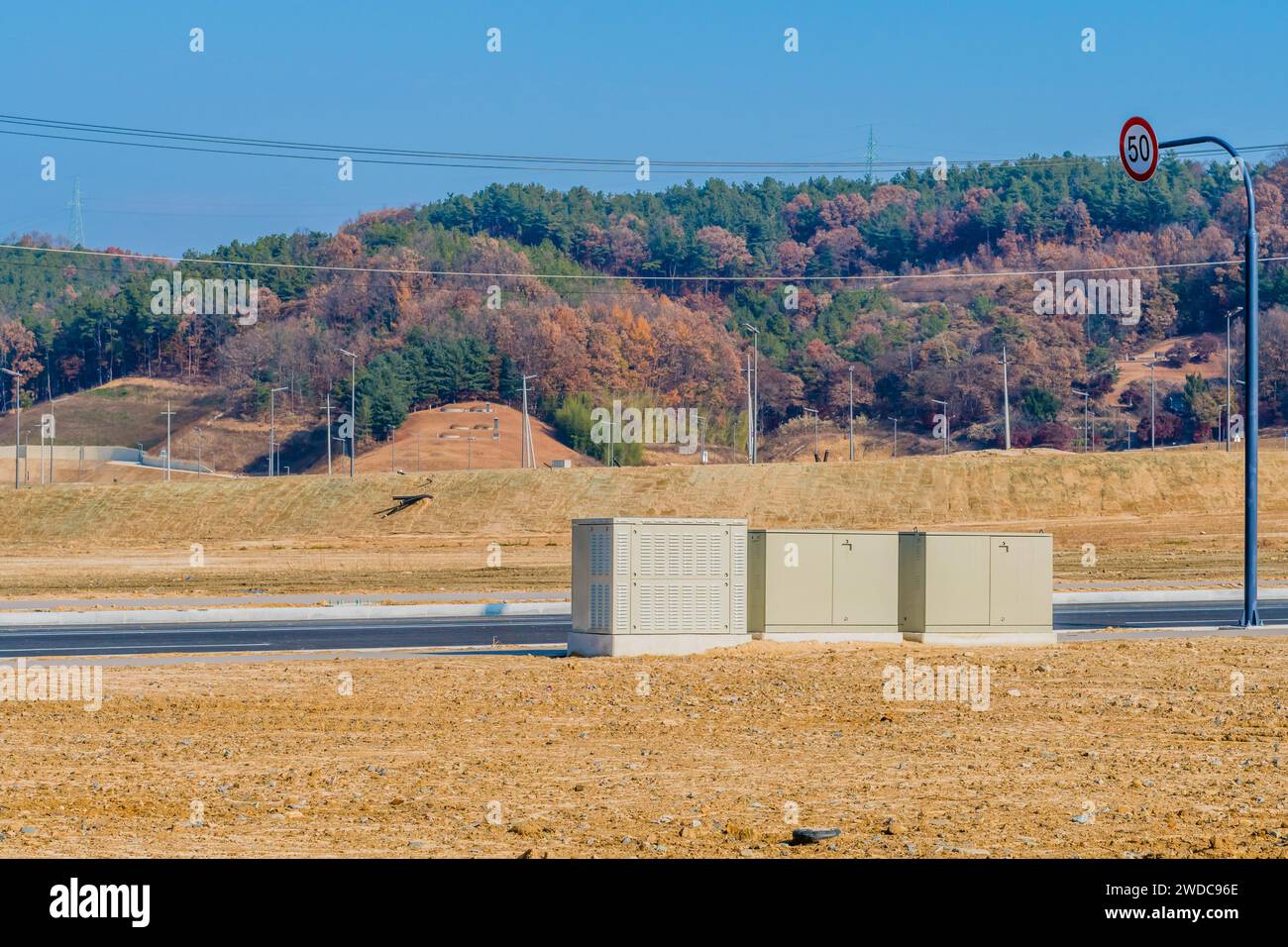 Metal utility stations on edge of street in new residential ...