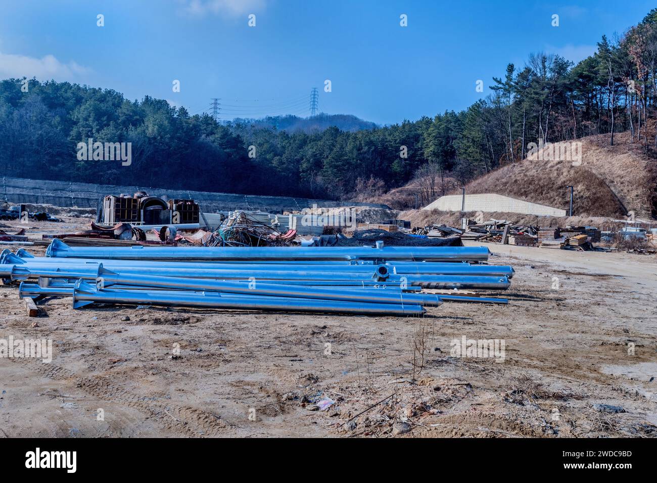 Metal support columns on ground of new construction project, South ...